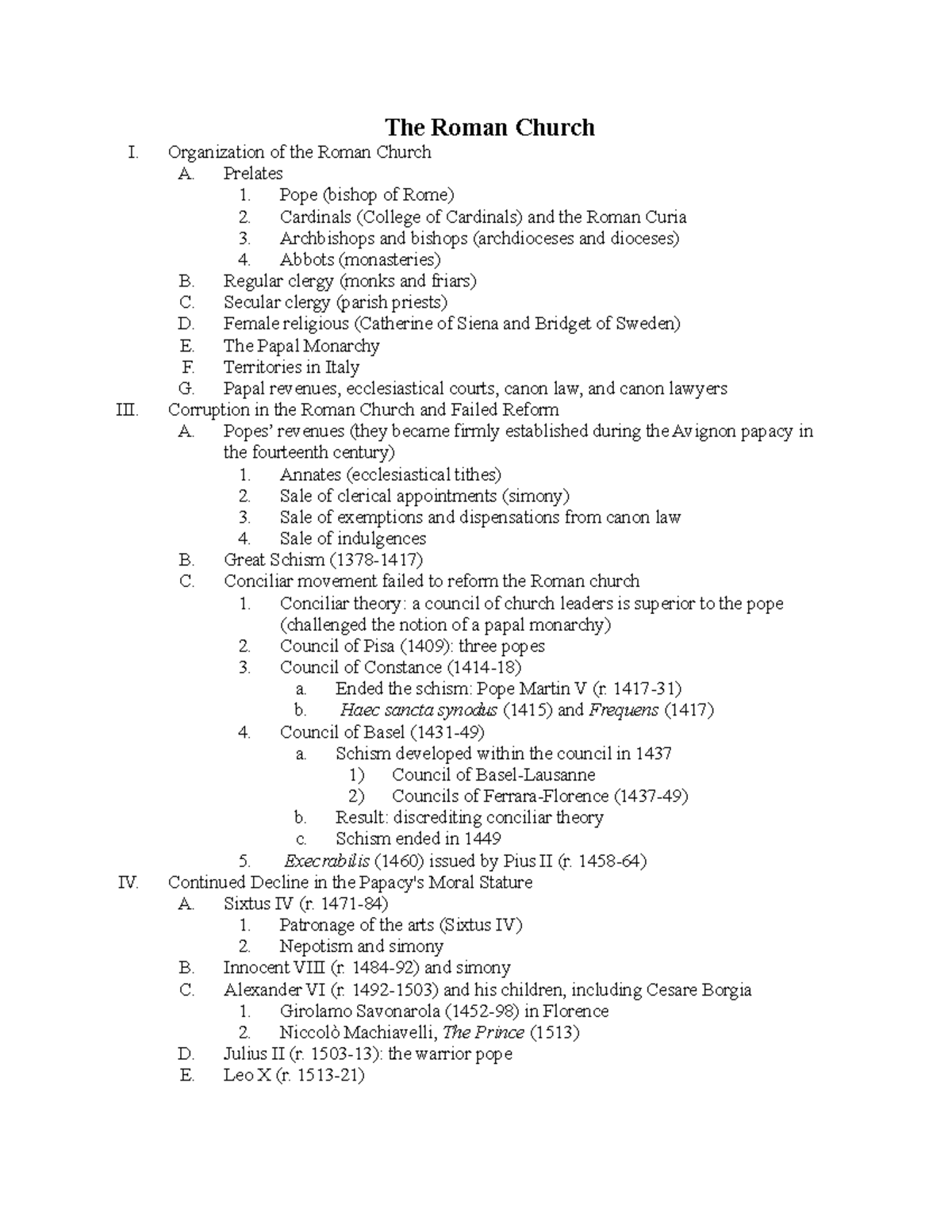 HIST 158 Notes - The Roman Church I. Organization of the Roman Church A ...