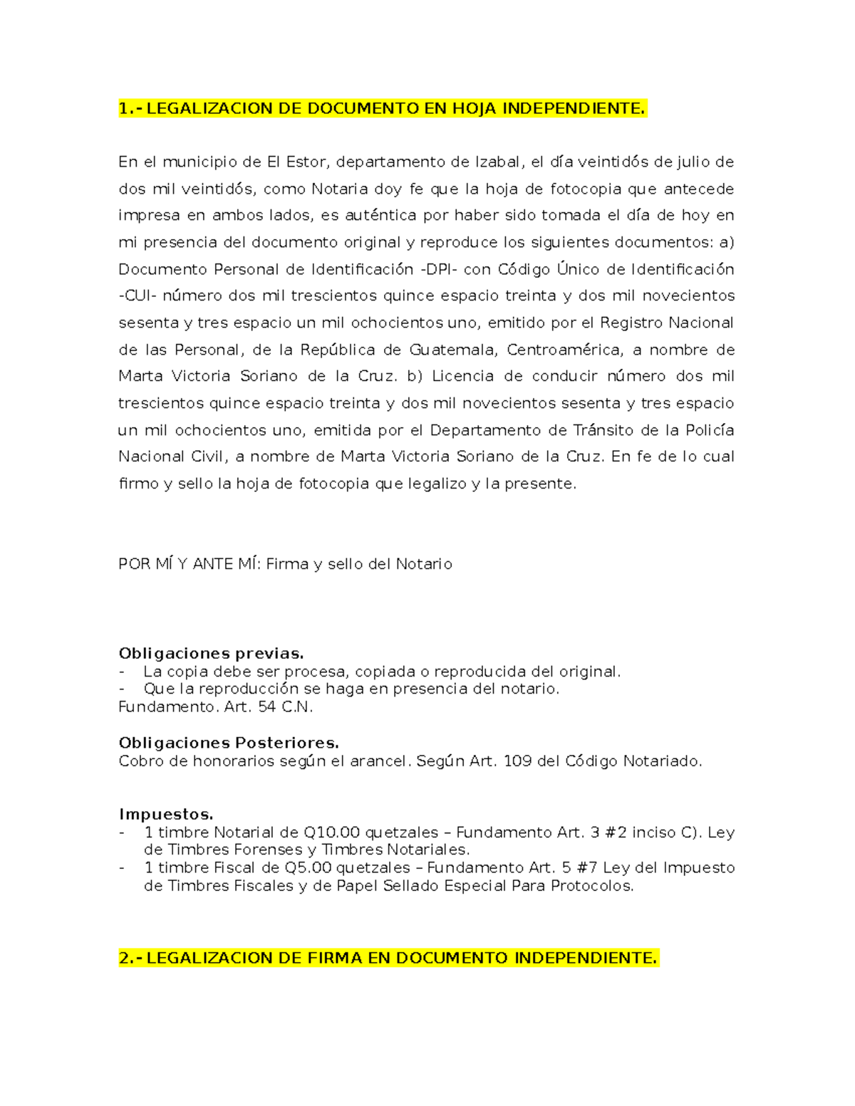 Documento Notariado - 1.- LEGALIZACION DE DOCUMENTO EN HOJA ...