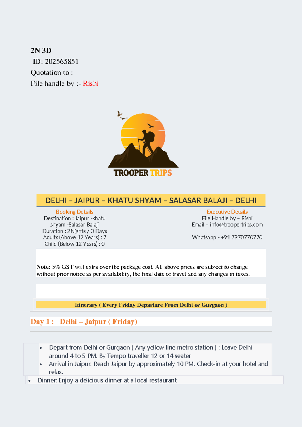 Khatu syam itinerary - Whjss isisjs iajs - 2 N 3 D ID: 202565851 ...