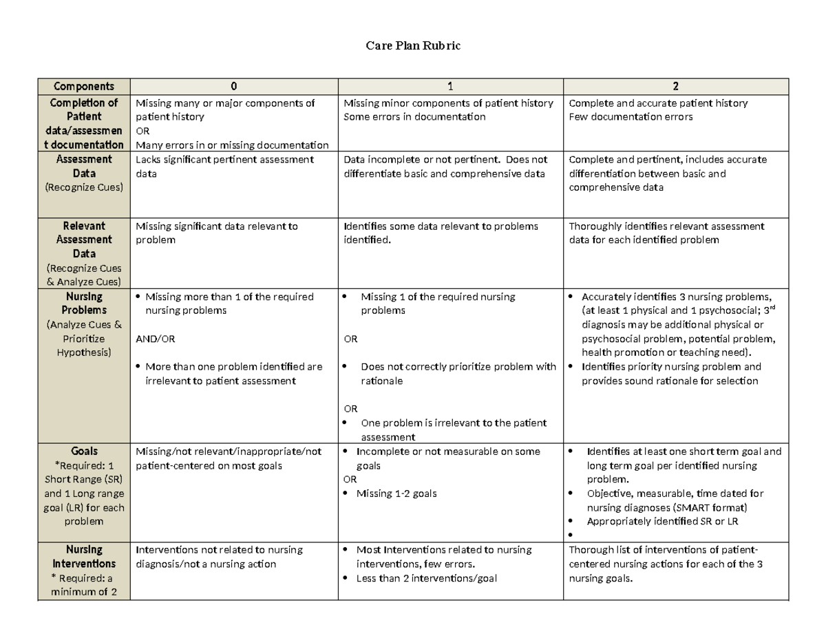 Care Plan Rubric - Care plan - Care Plan Rubric Components 0 1 2 ...