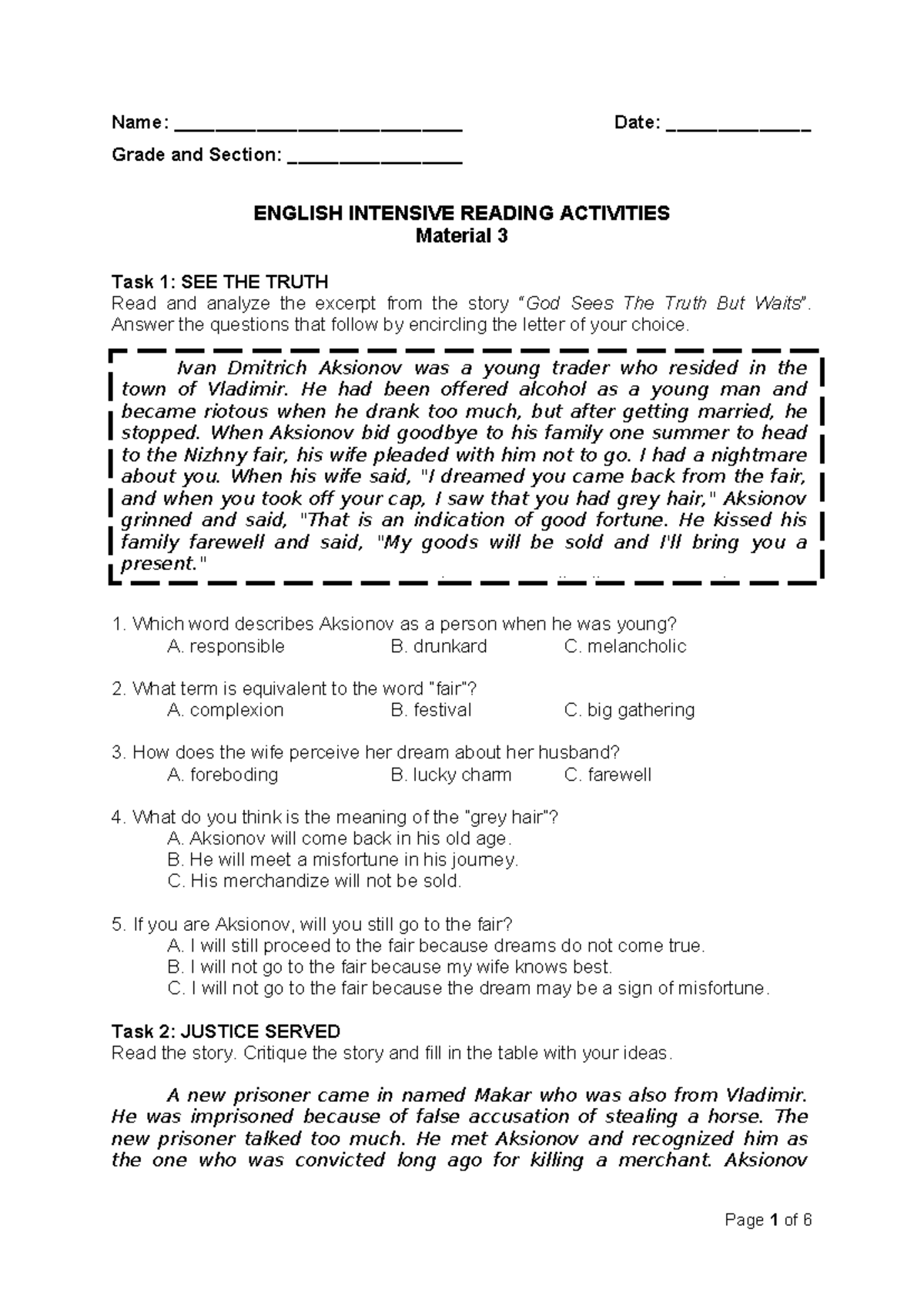 Intensive Reading Activities Material 3 - Name ...