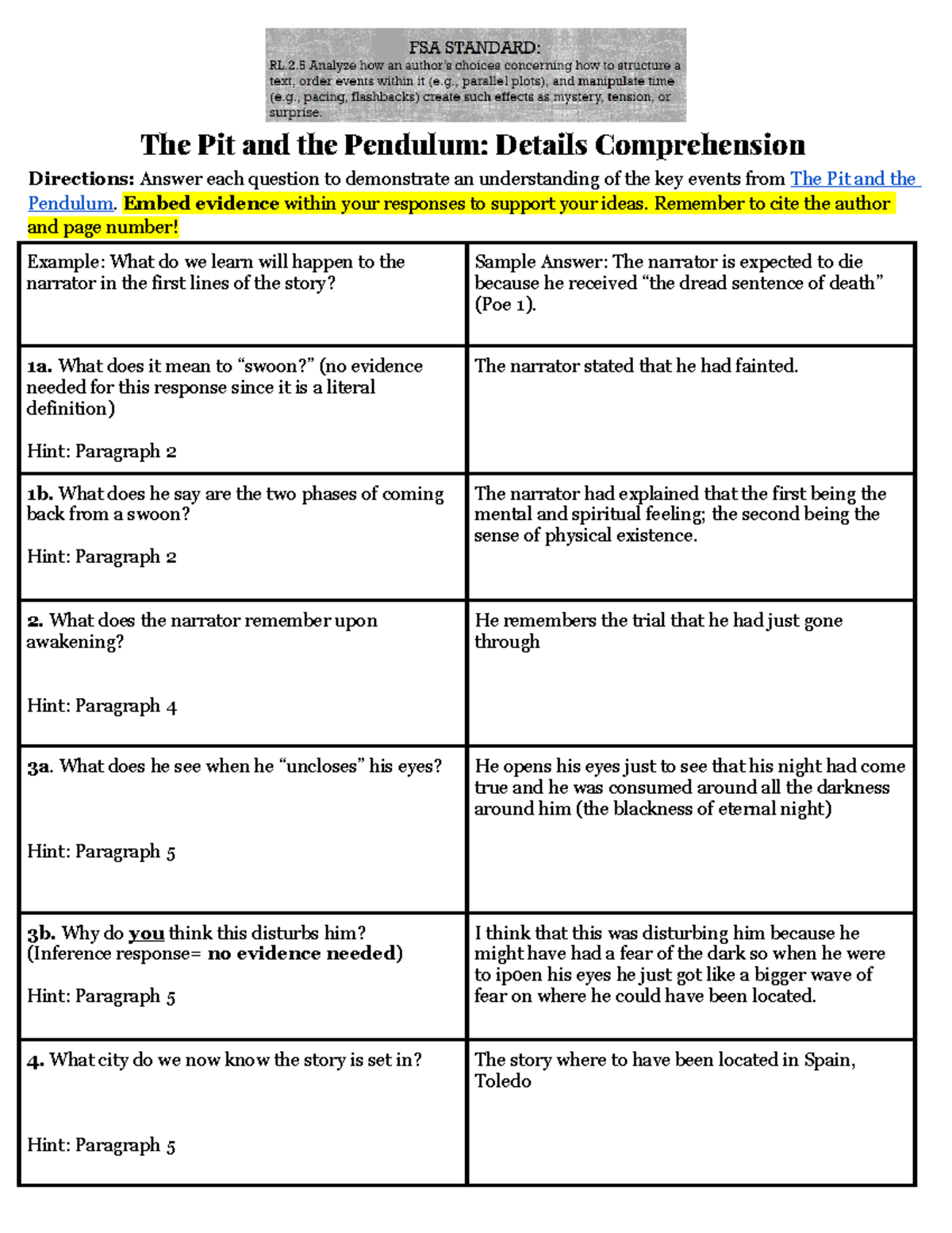 001 The Pit and the Pendulum Details Comprehension - The Pit and the ...