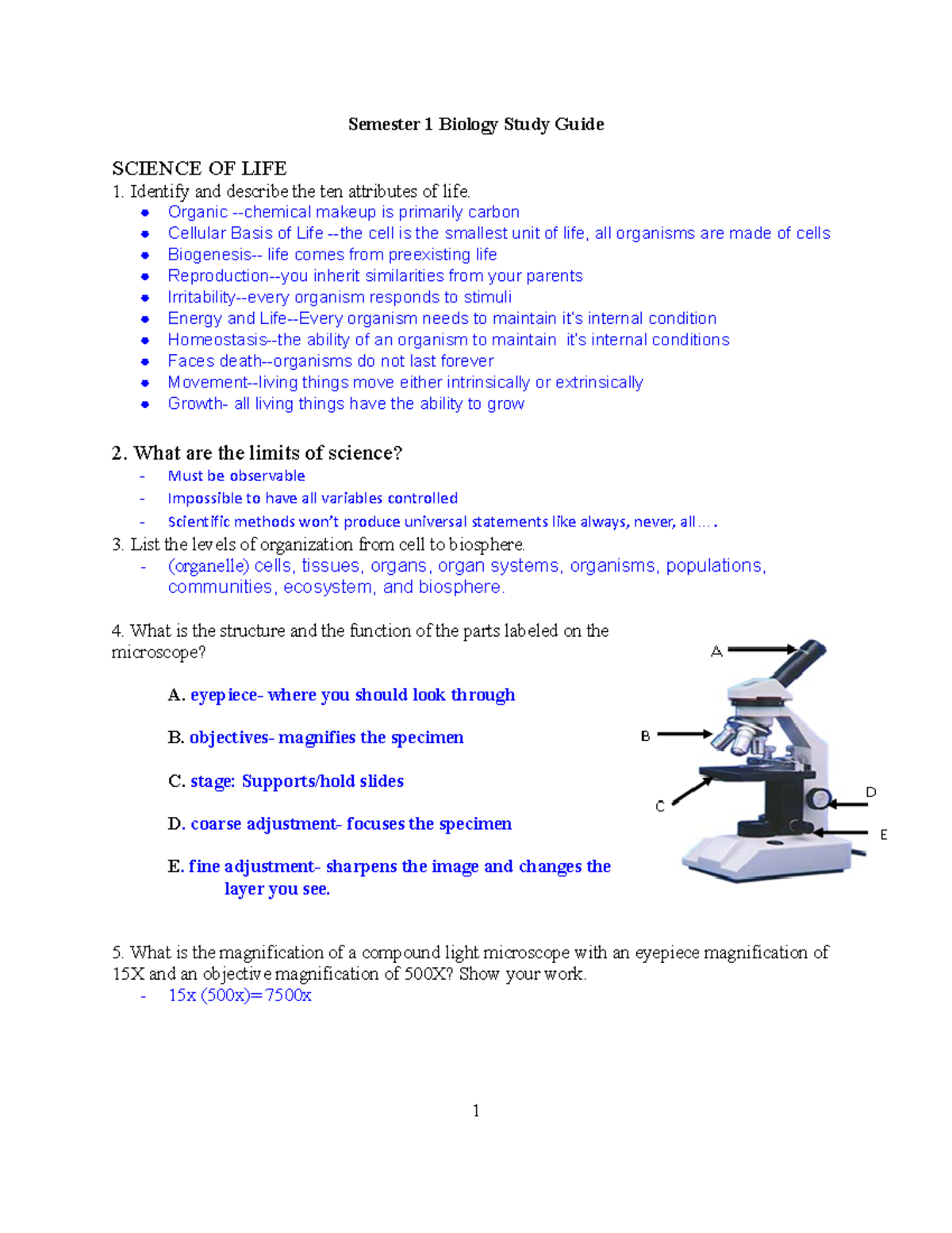 Biology Sem. Overview - Semester 1 Biology Study Guide SCIENCE OF LIFE ...