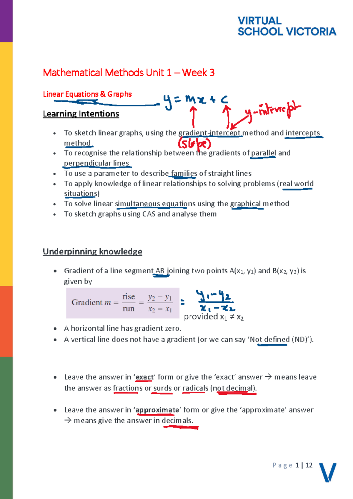 Week-3 Linear Equations Graphs annotated - Mathematical Methods Unit 1 – Week 3 Linear Equations ...