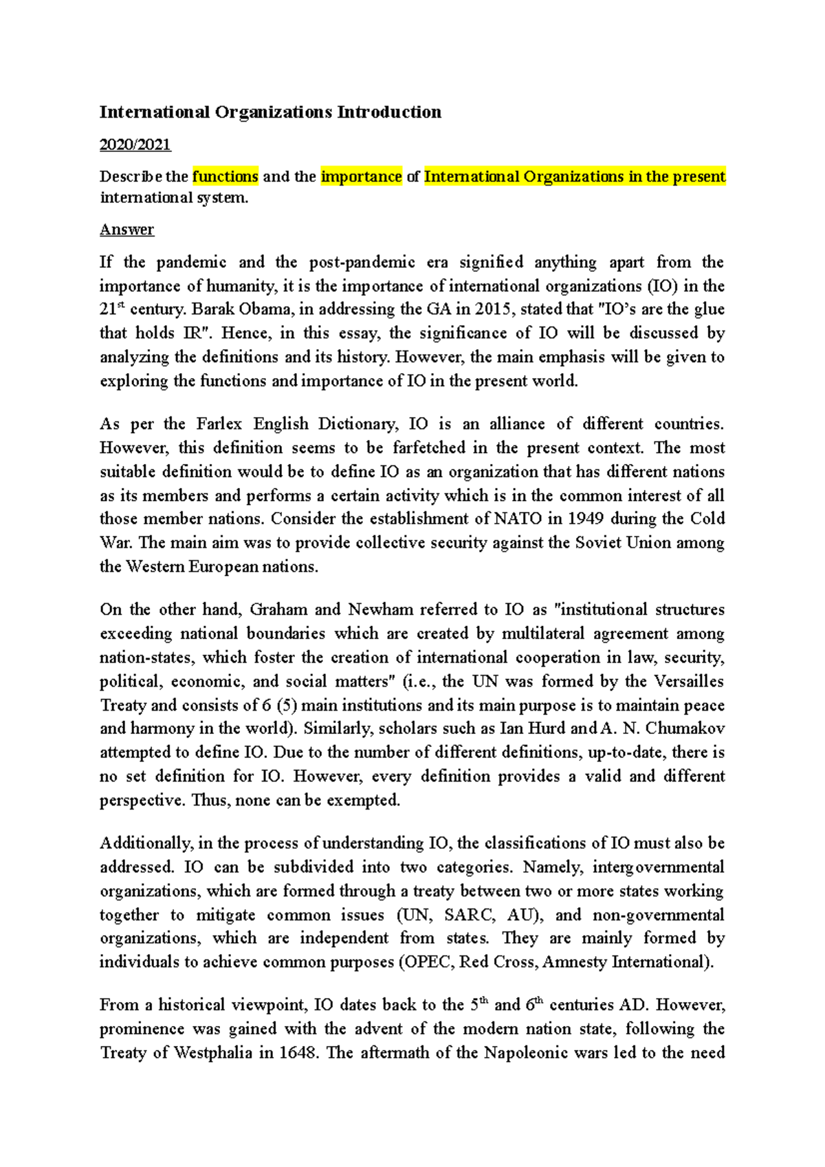 International Organizations Introduction Compulsory question ...