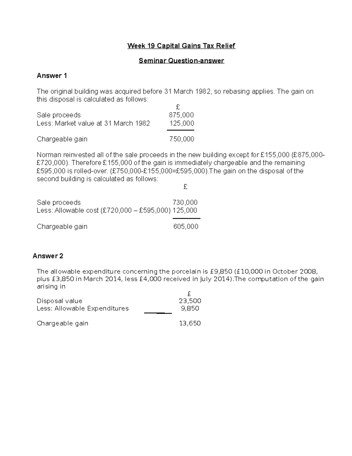 Week 19-Capital Gains Tax Relief-Answers - Week 19 Capital Gains Tax ...