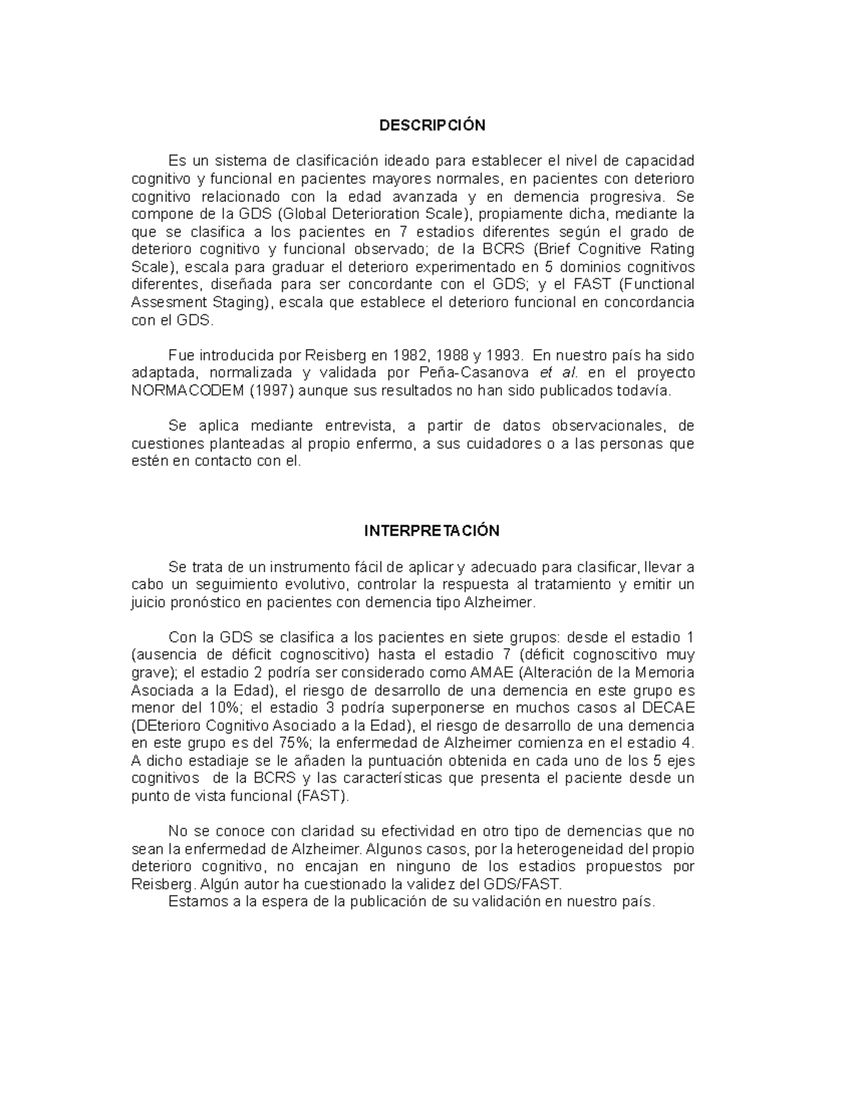 Medicina GDS-FAST-BCRS - Escala de Deterioro Global de Reisberg ...