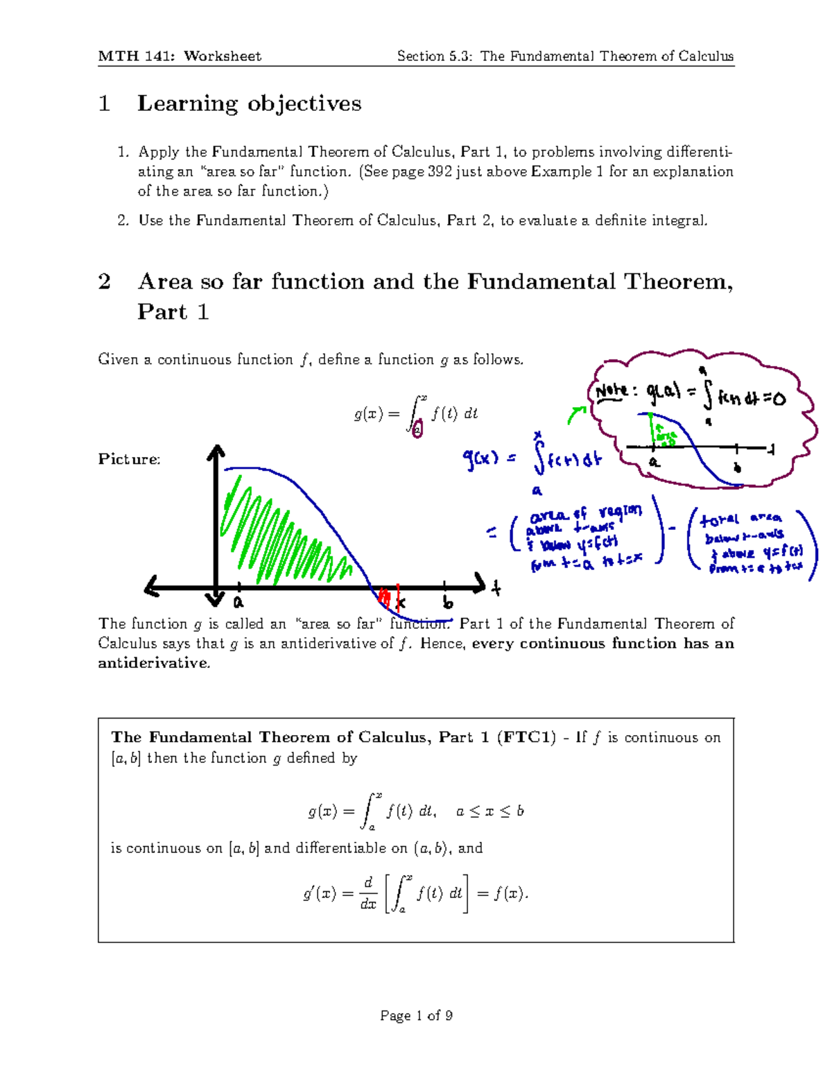MTH 141 -SECTION 5.3 - 1 Learning objectives 1. Apply the Fundamental Theorem of Calculus, Part ...