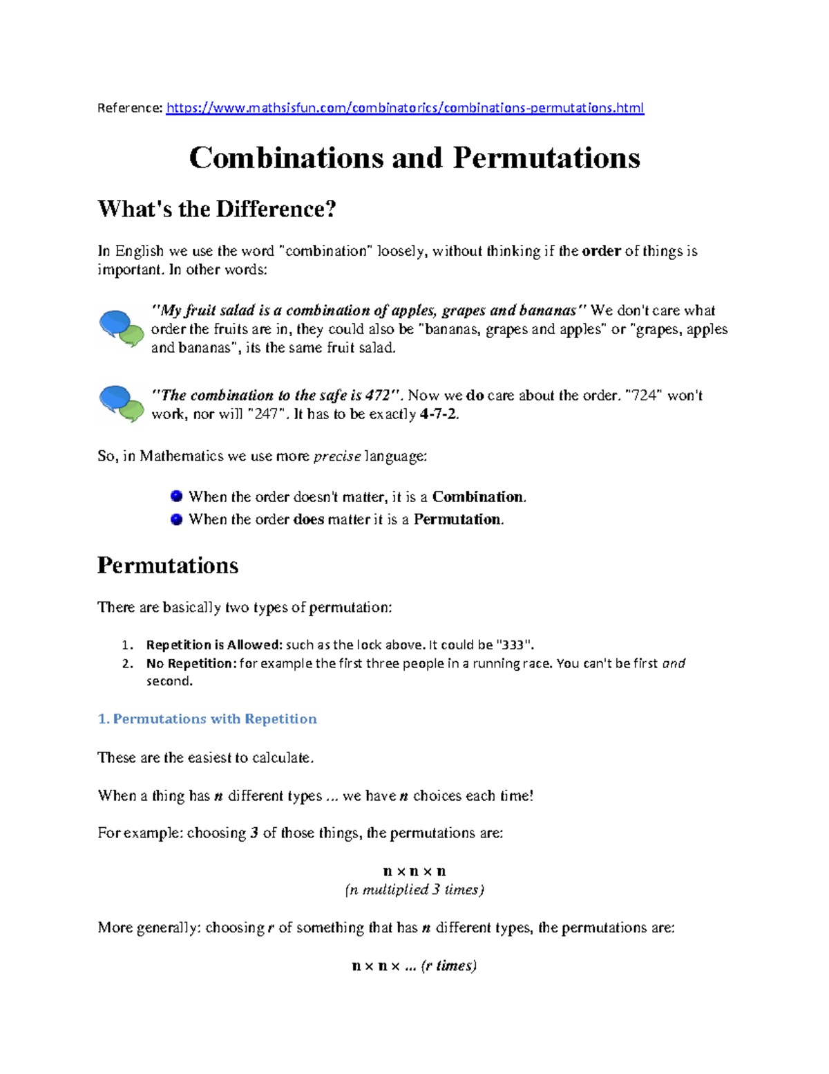 Lecture 2 - Reference: mathsisfun/combinatorics/combinations-permutations.html Combinations and ...