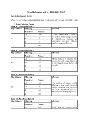 Virtual Laboratory Activity - BIOL 1121 - Unit 7&8 - Data Collection Tables Table A. Simulation ...