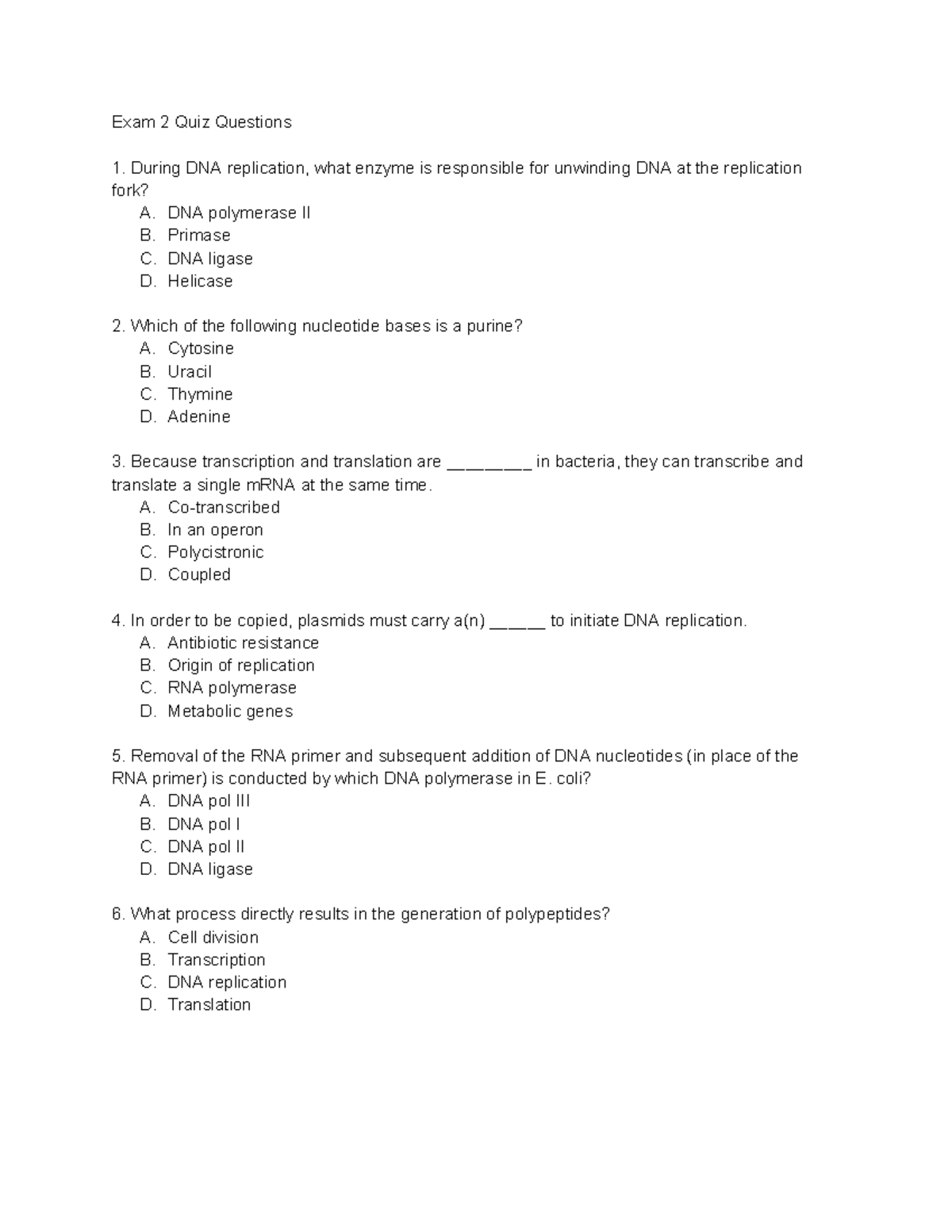 Exam 2 Quiz Questions - Exam 2 Quiz Questions During DNA replication ...