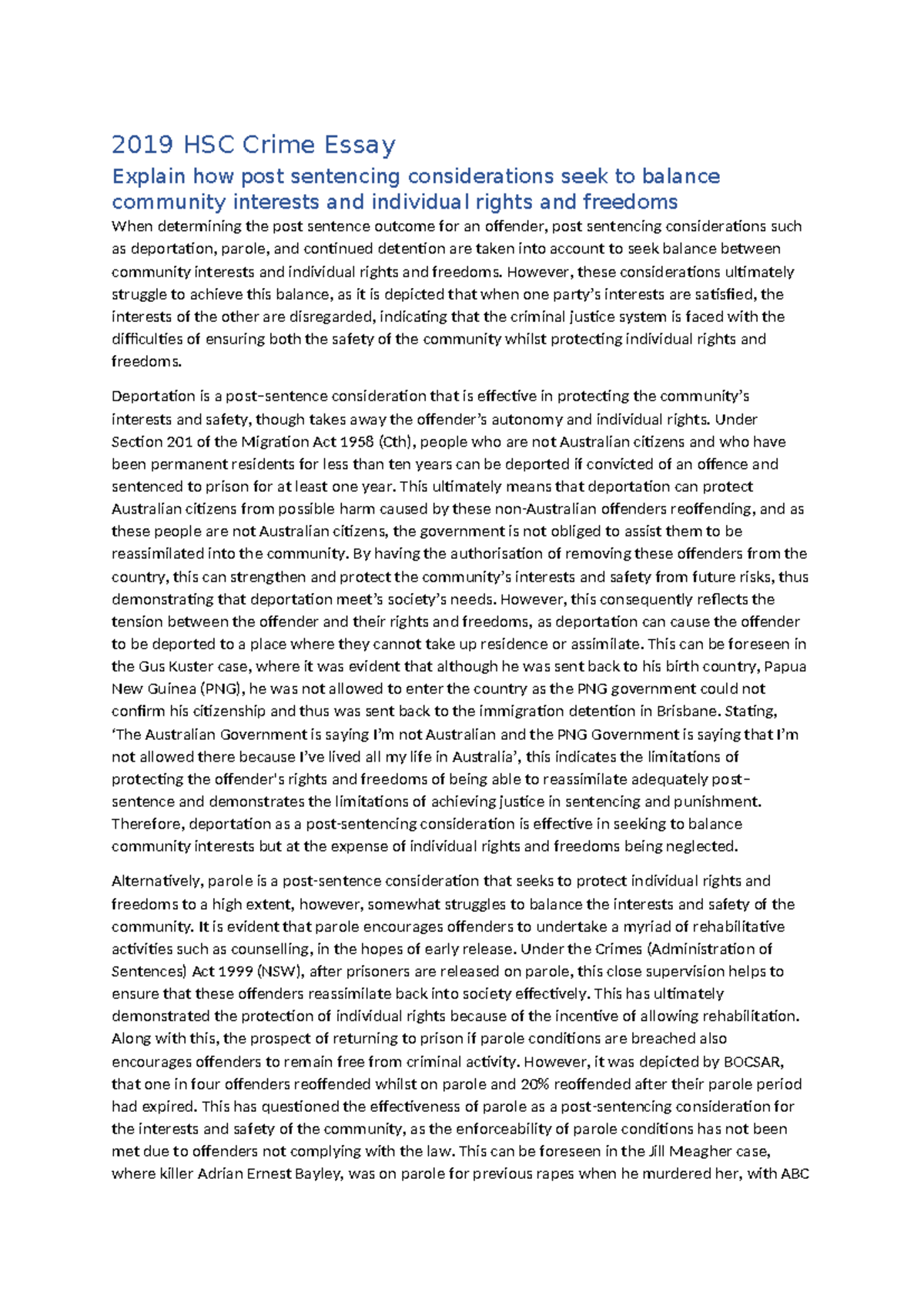 2019 HSC Crime Essay - 2019 HSC Crime Essay Explain how post sentencing ...