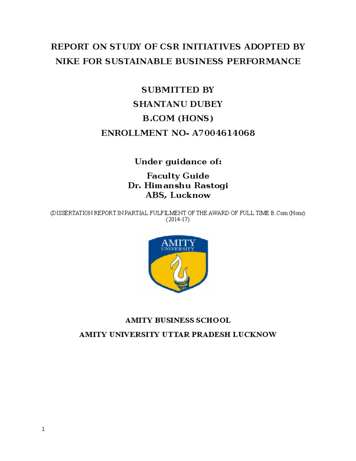 300118718-CSR-nike - csr project - ####### REPORT ON STUDY OF CSR ...