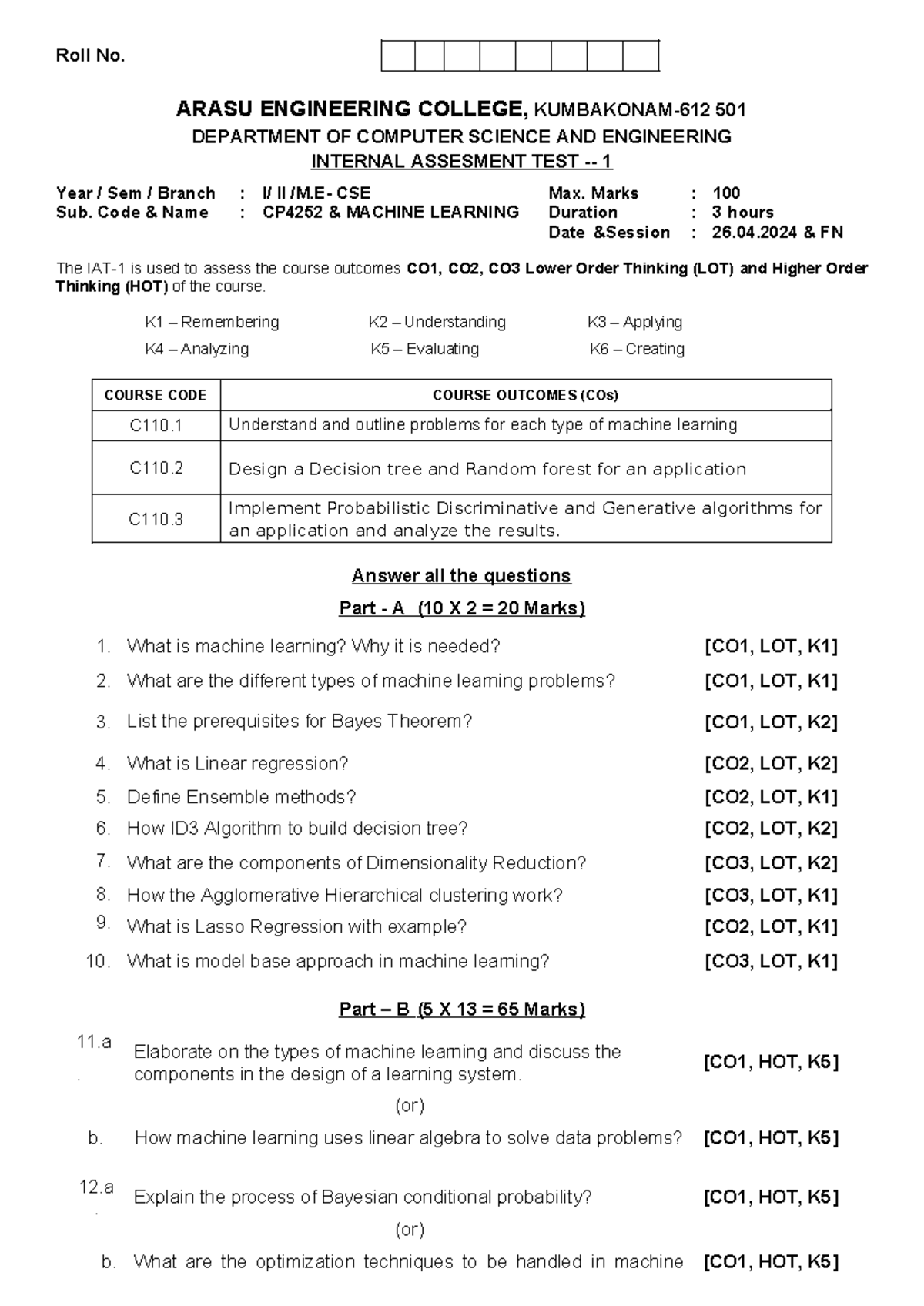 IAT-ML EXAM - Roll No. ARASU ENGINEERING COLLEGE, KUMBAKONAM-612 501 ...