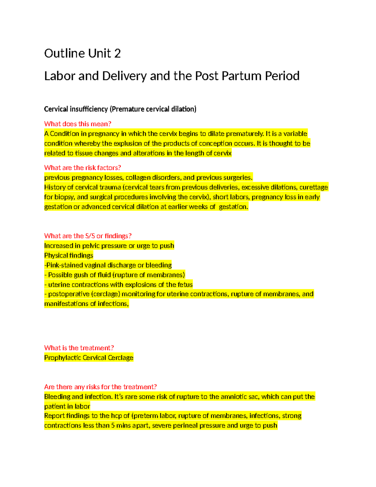 Unit 2 outline - Maternal nursing - Outline Unit 2 Labor and Delivery ...