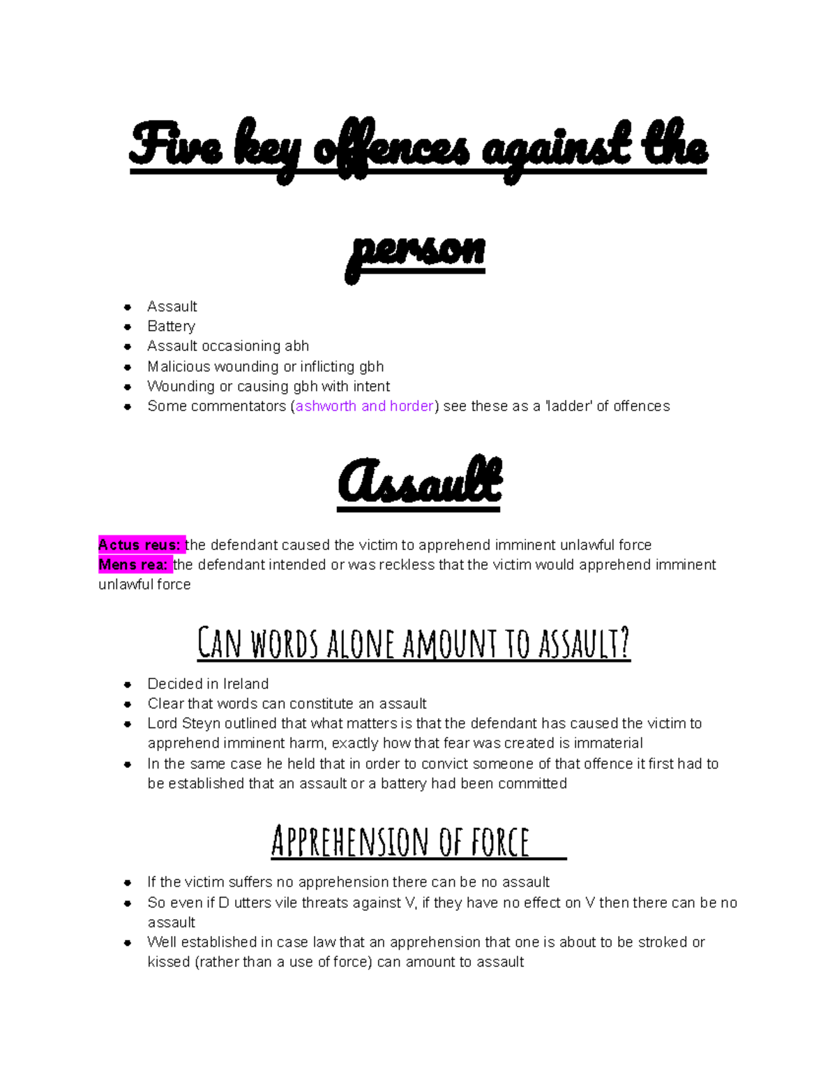 Crim - Non-Fatal Offences - Five key offences against the person ...