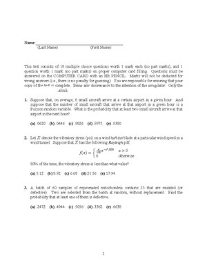 Sampler - test 1 - Stats 3Y03/3J Sample Test Questions for Test # - Studocu