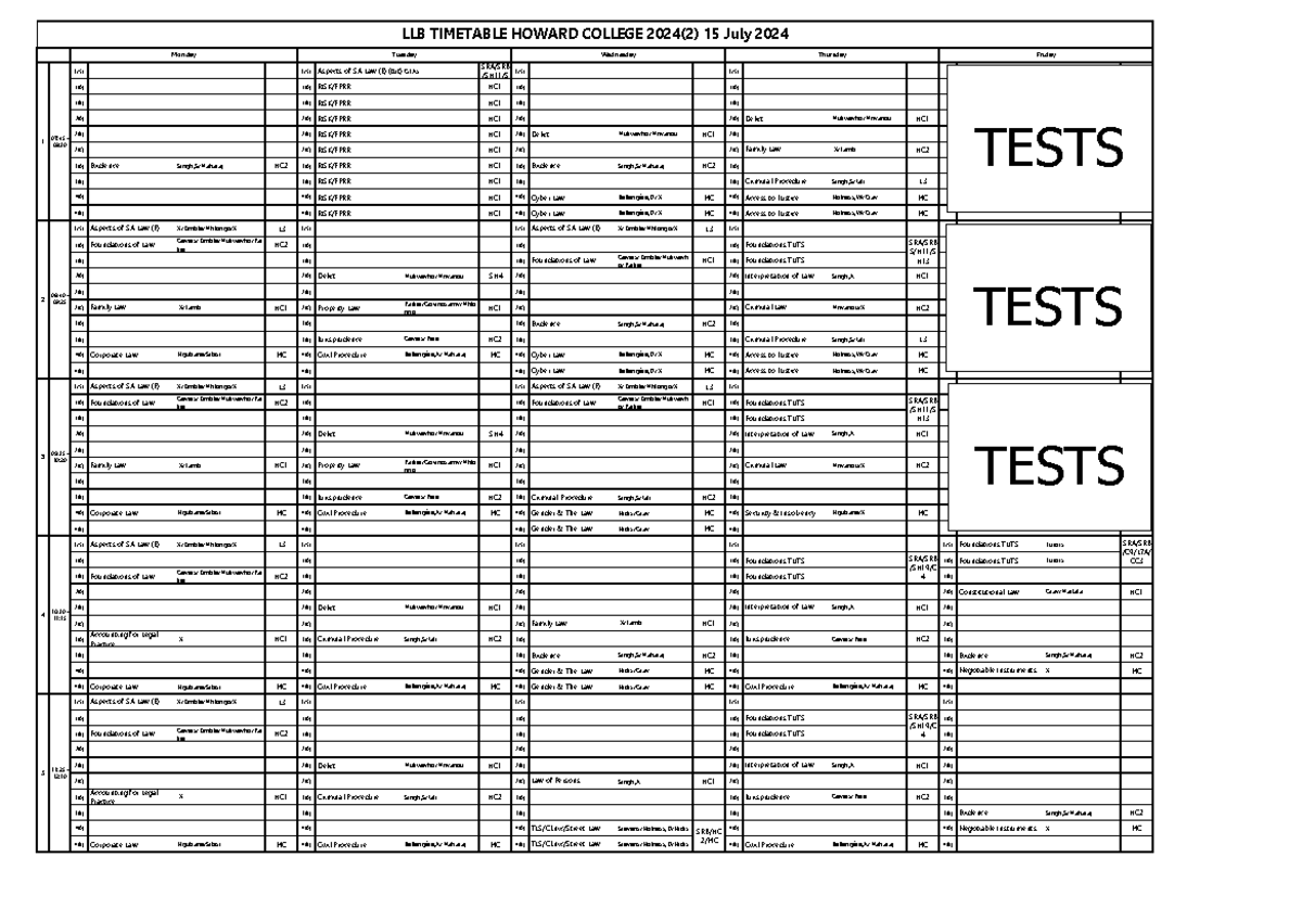 LLB HC timetable 20242 - L/S1 L/S1 Aspects of SA Law (E) (tut) GTAs SRA ...