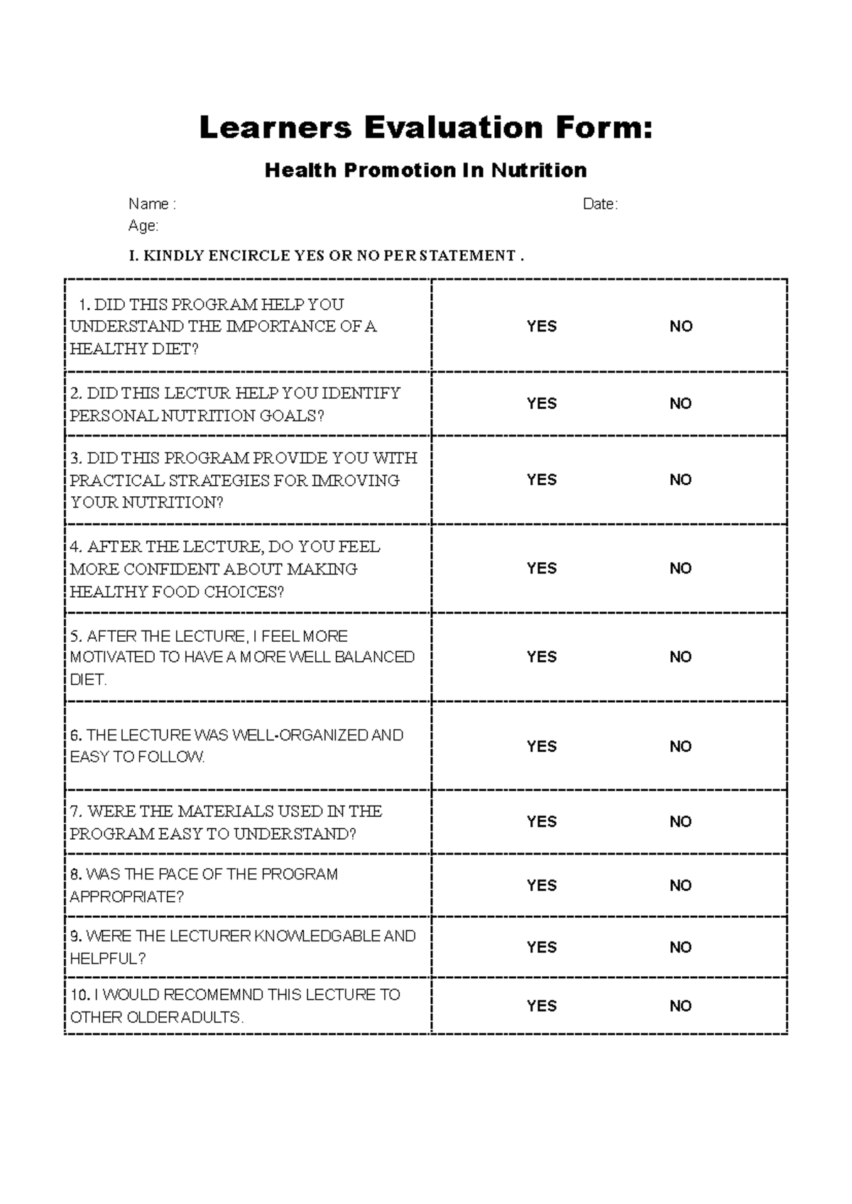 Learners Evaluation 1 Form - Learners Evaluation Form: Health Promotion ...
