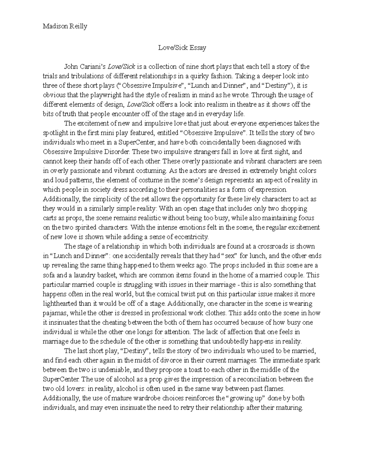 Love/Sick Paper - Madison Reilly Love/Sick Essay John Cariani’s Love ...