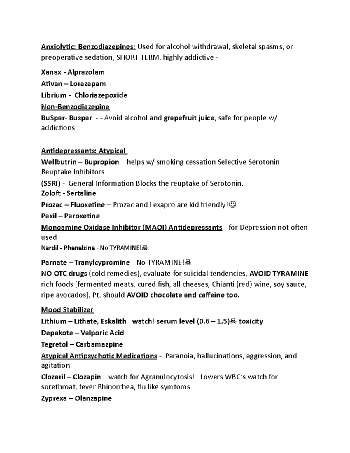 Mental Health study Guide Final - Anxiolyic: Benzodiazepines: Used for ...