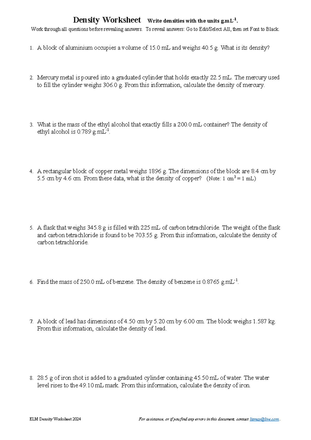 Density Percent Comp Questions c Answers 2024 - Density Worksheet Write ...