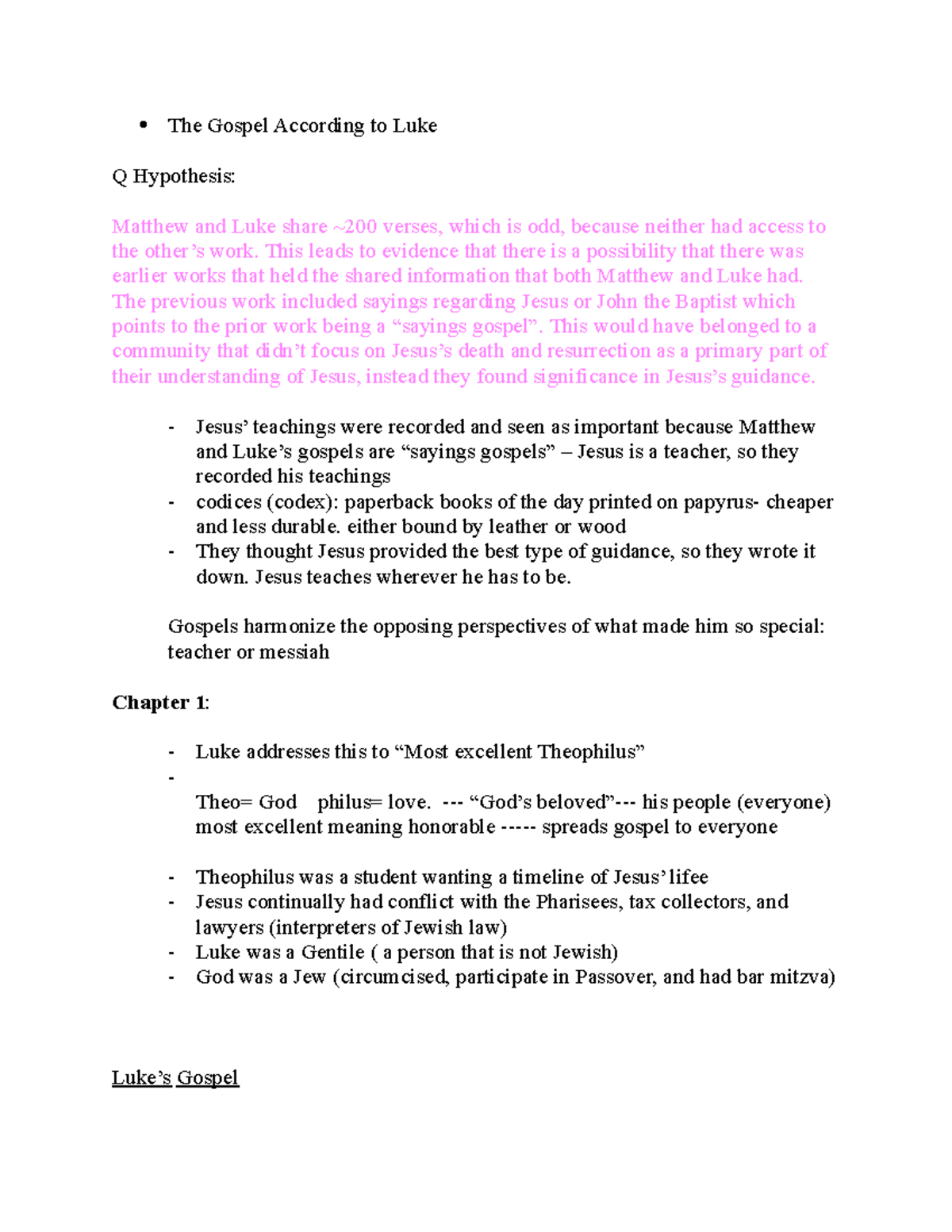 Humanities notes - The Gospel According to Luke Q Hypothesis: Matthew ...