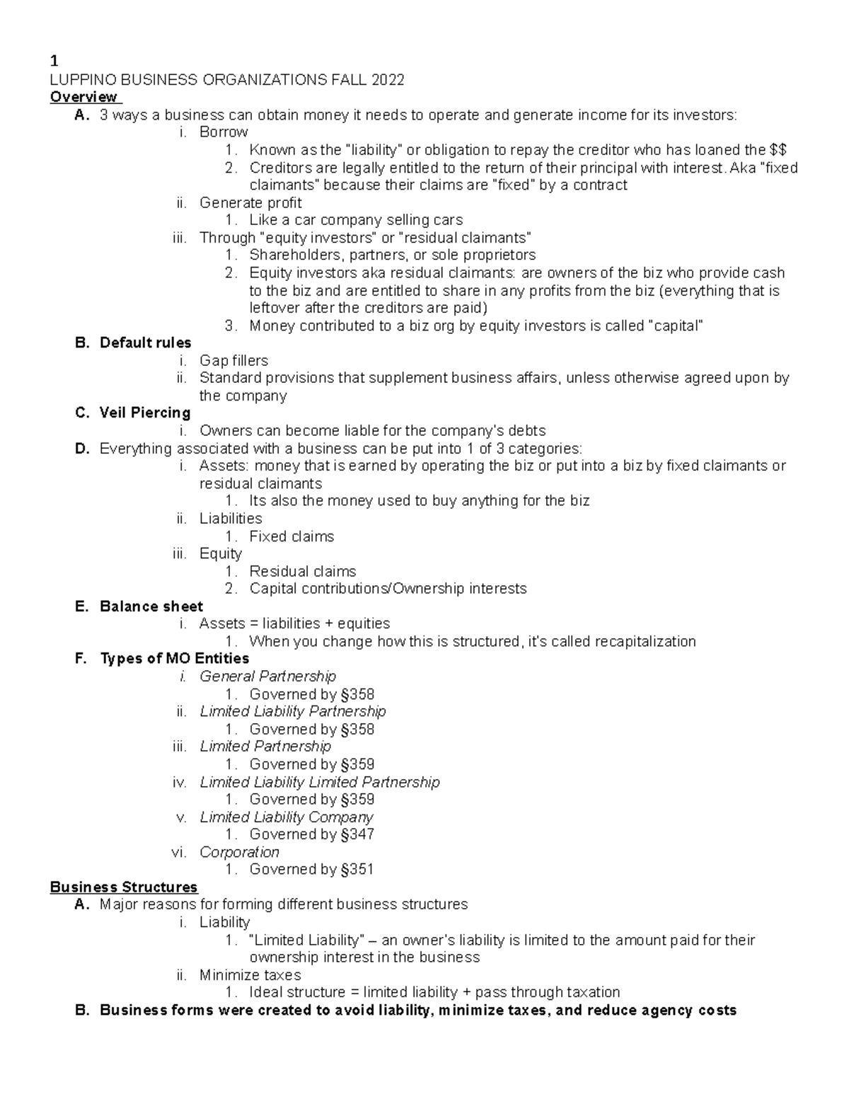 Luppino Business Organization Fall 2022 Outline - LUPPINO BUSINESS ...