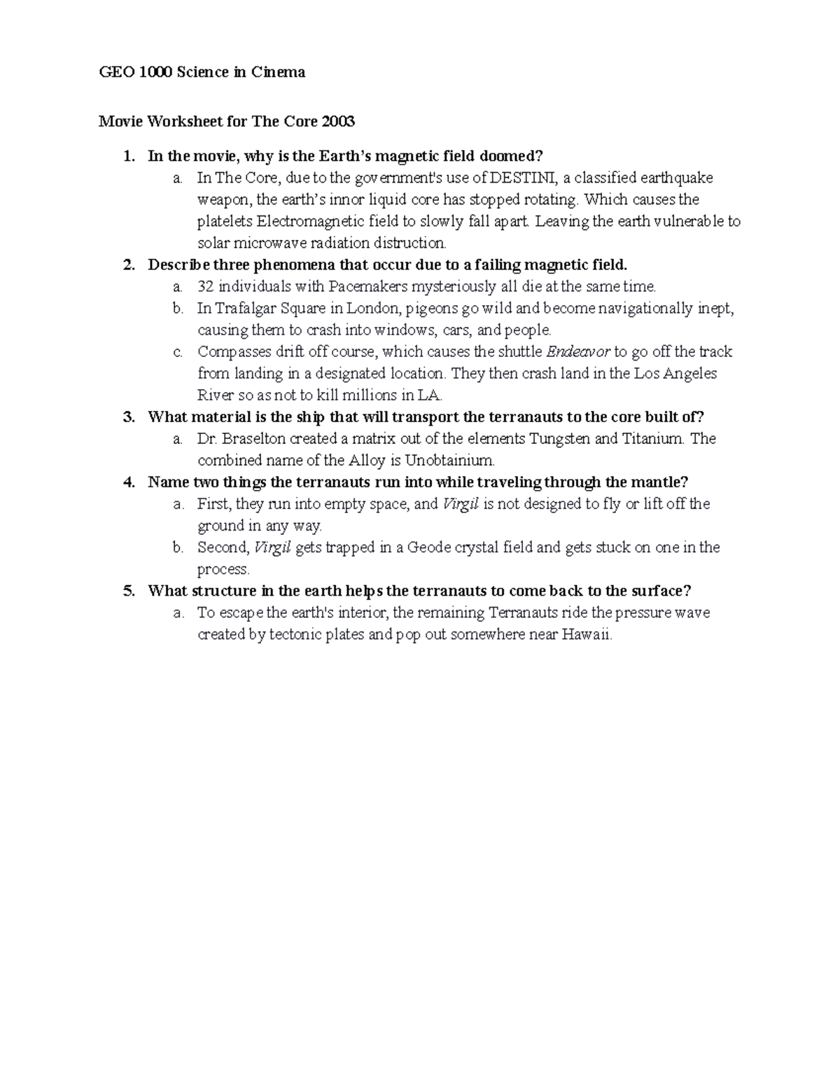 MW1 The Core - GEO 1000 Science in Cinema Movie Worksheet for The Core ...