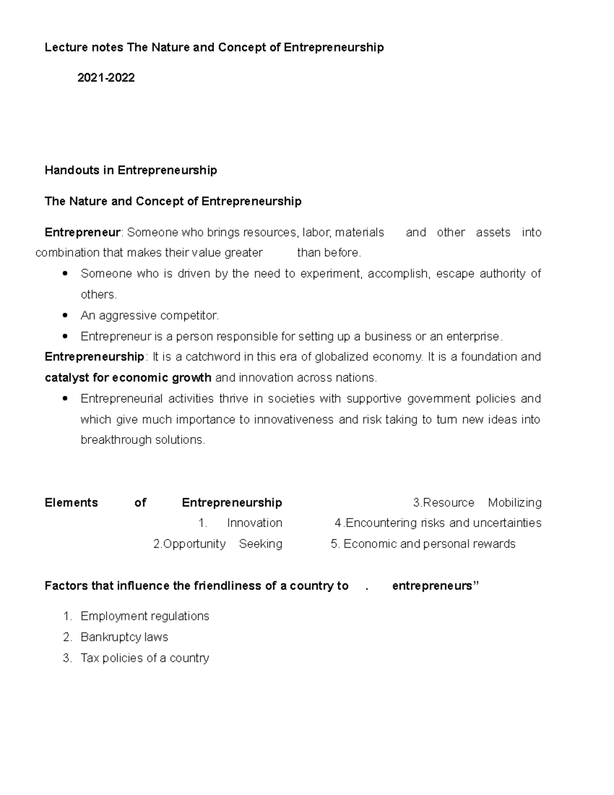 Lecture notes The Nature and Concept of Entrepreneurship - Lecture ...