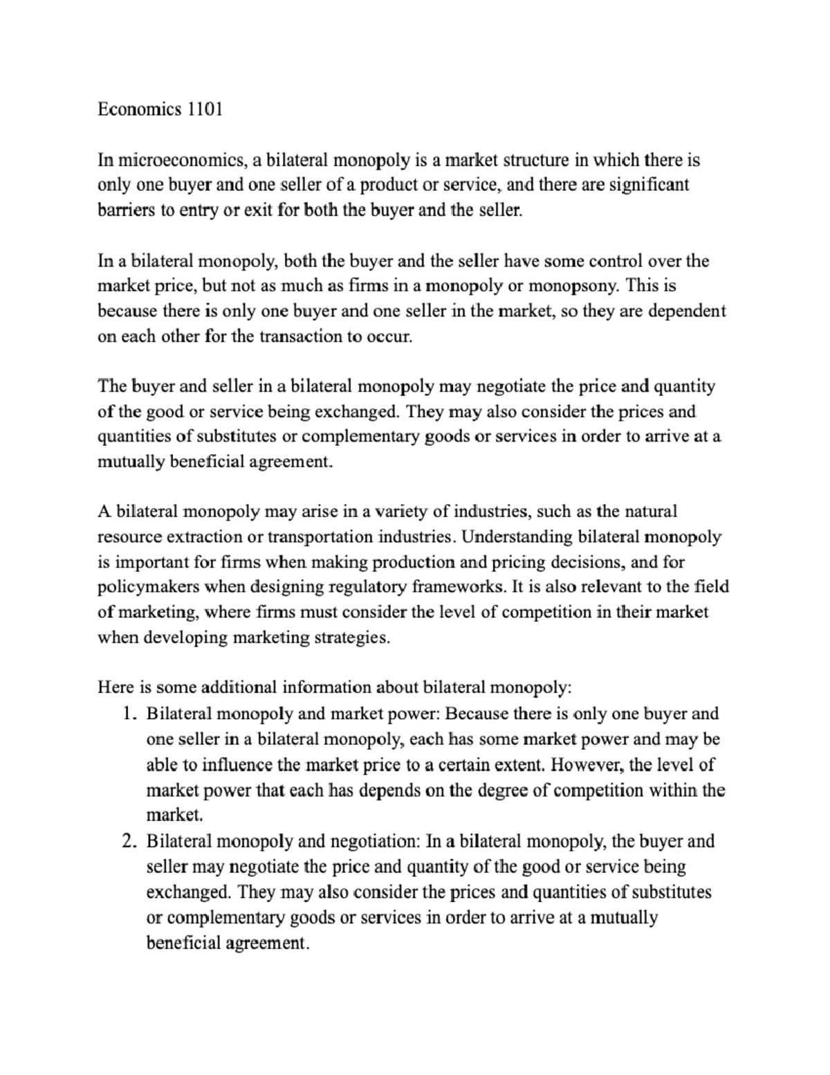 Bilateral Monopoly - ECON1101 - Studocu
