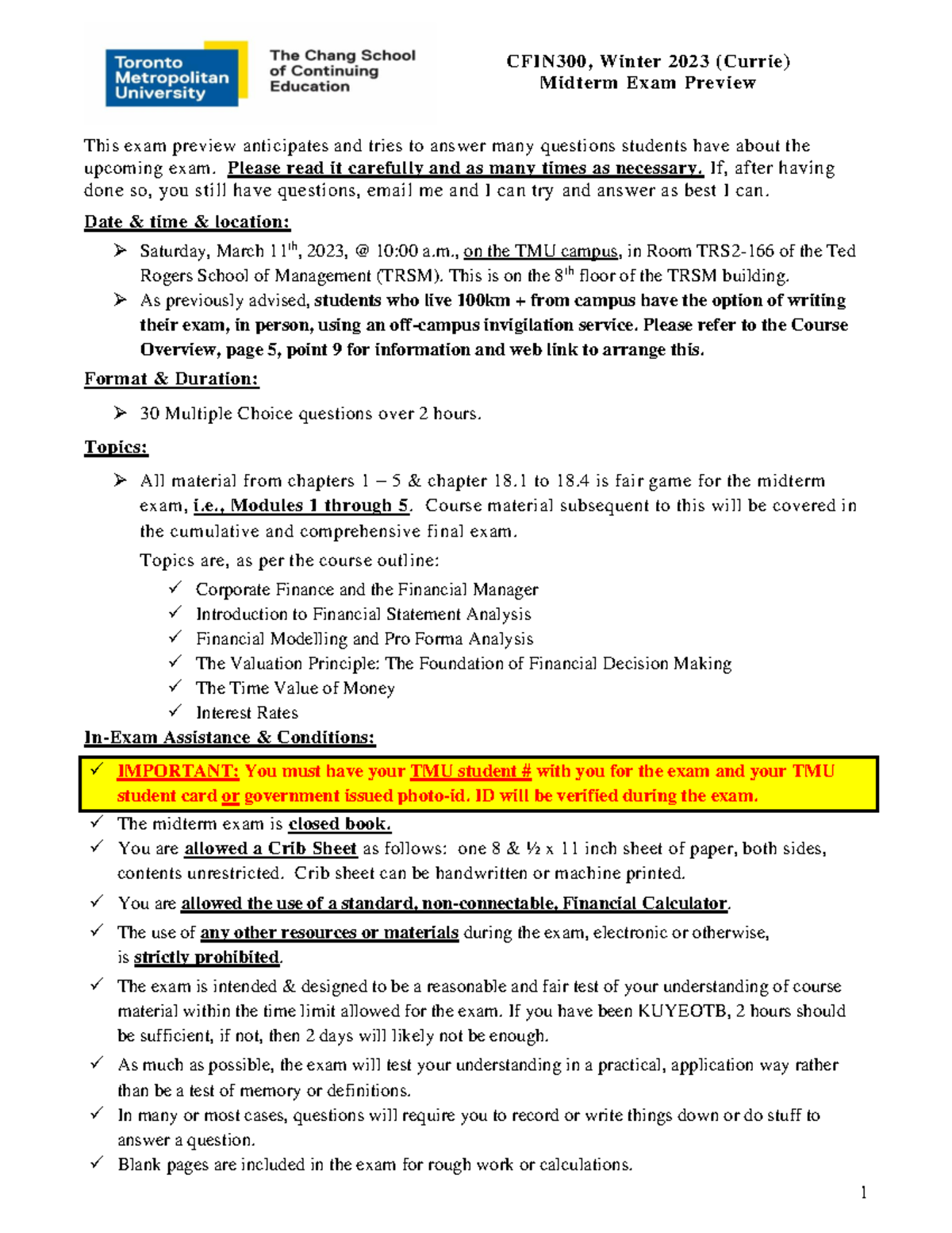 CFIN300 Winter 2023 Midterm Exam Preview - 1 CFIN300, Winter 2023 ...