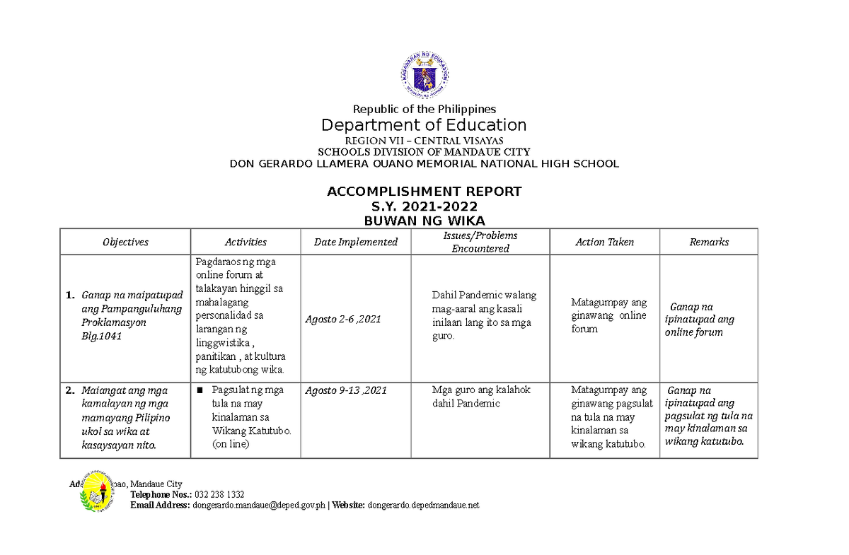 Accomplishment Report 2021 A - Republic of the Philippines Department of Education SCHOOLS ...