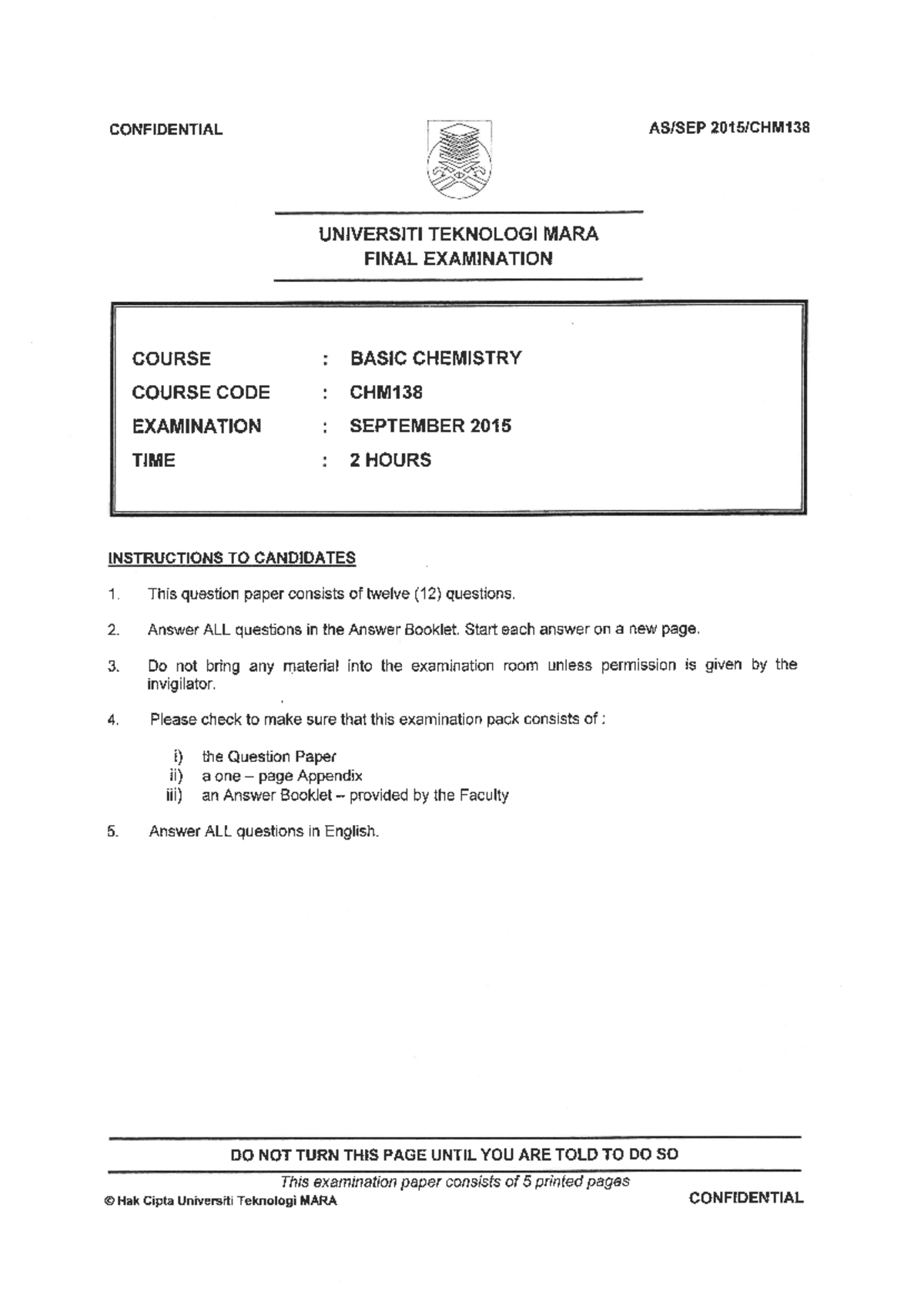 PAST YEAR CHEMISTRY SEMESTER 1 - 2015 - phy Chem - Studocu