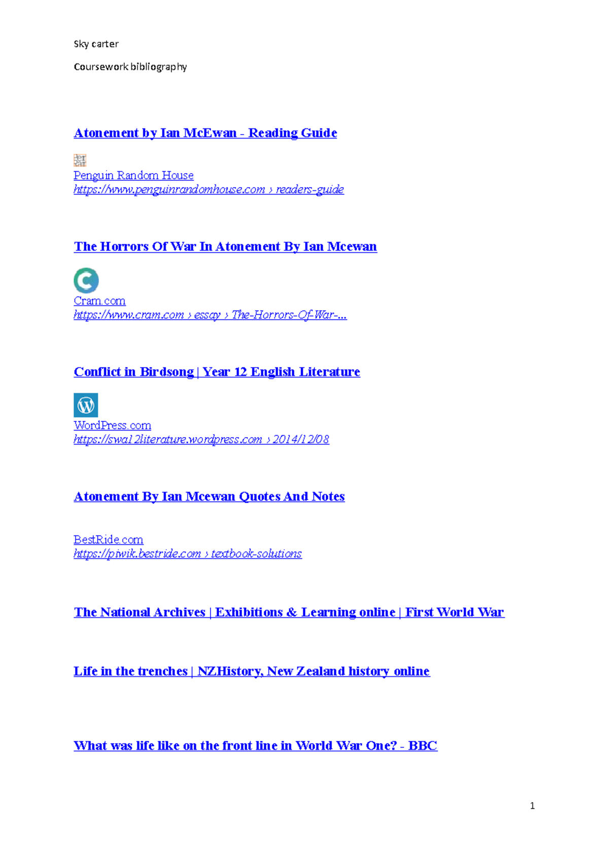 Biliography - have fun - Sky carter Coursework bibliography Atonement ...