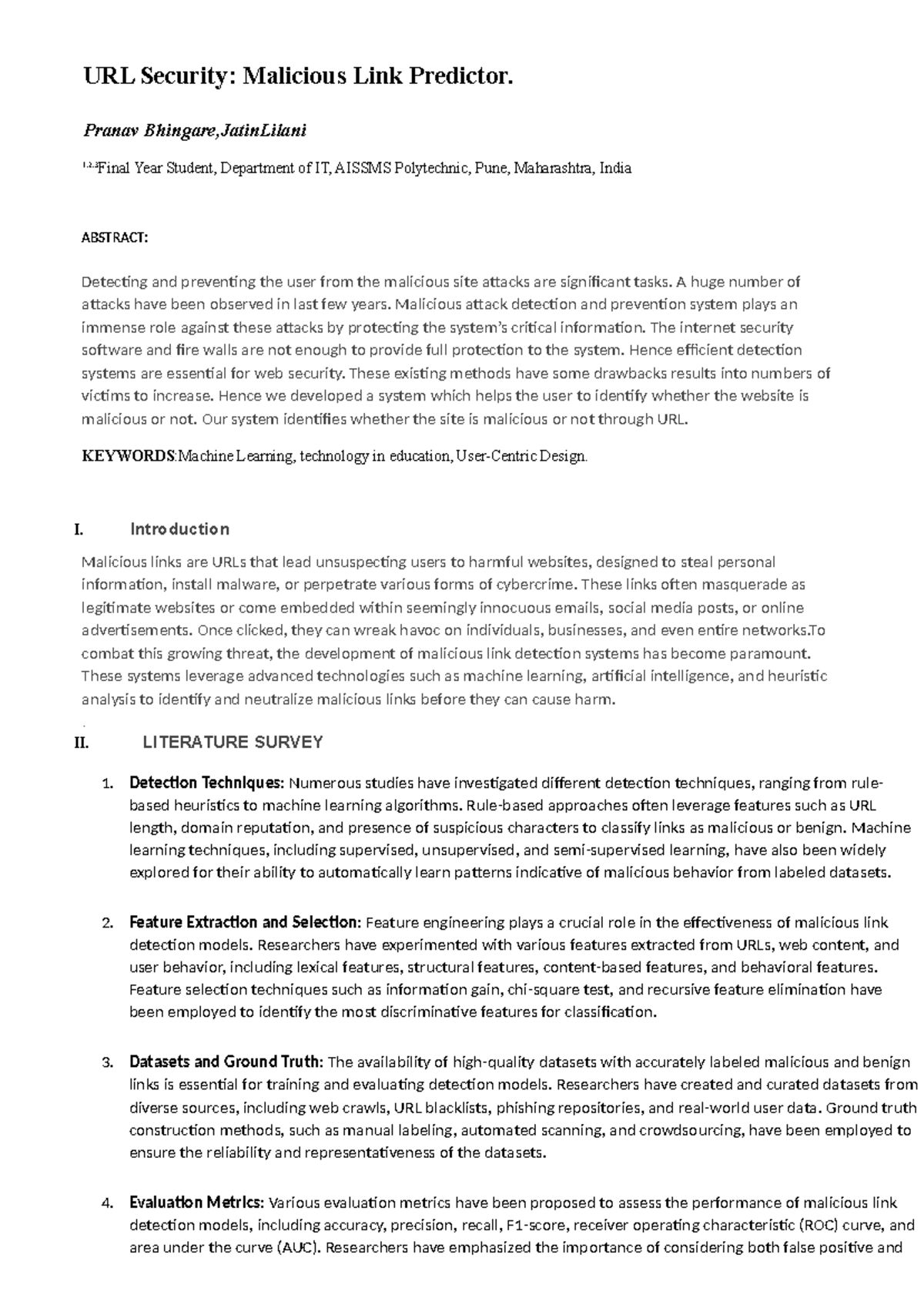 Pranav implimentation paper - URL Security: Malicious Link Predictor ...