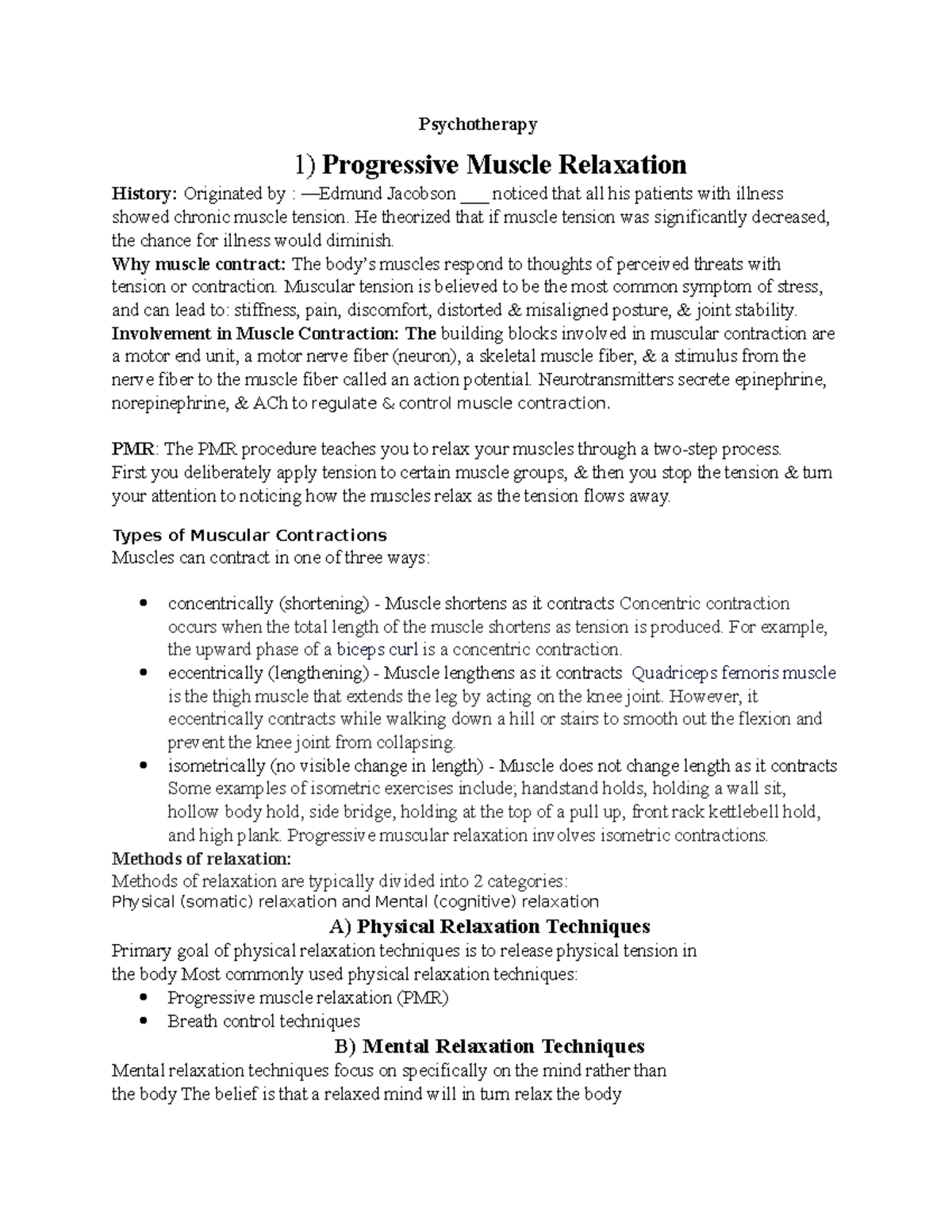 Final psychotherapy - Psychotherapy 1) Progressive Muscle Relaxation ...