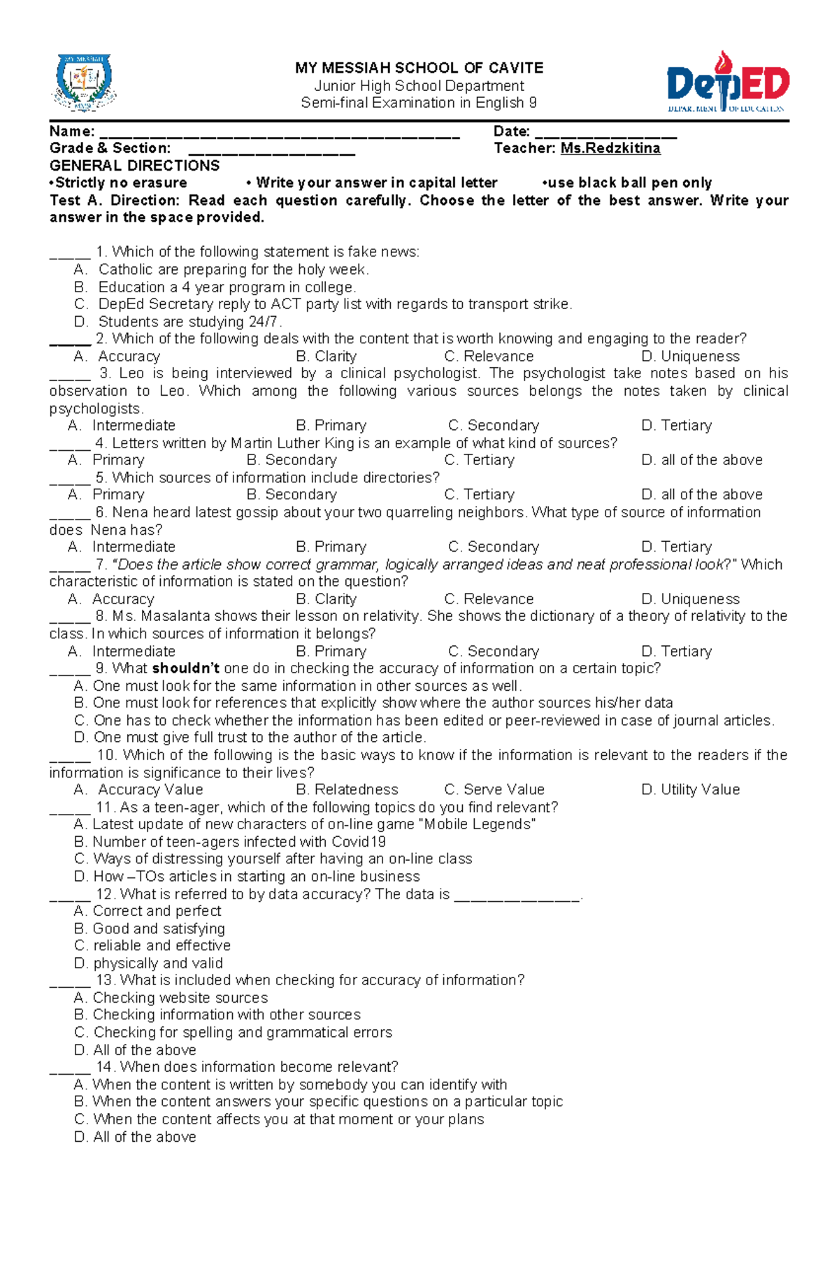 SEMI Final Examination IN English 9 Edited - MY MESSIAH SCHOOL OF ...