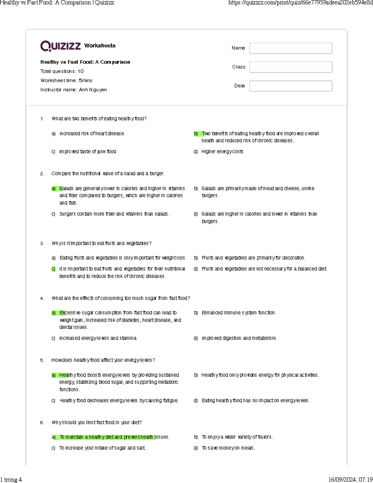 U3 Healthy vs Fast Food A Comparison Quizizz - Worksheets Healthy vs ...