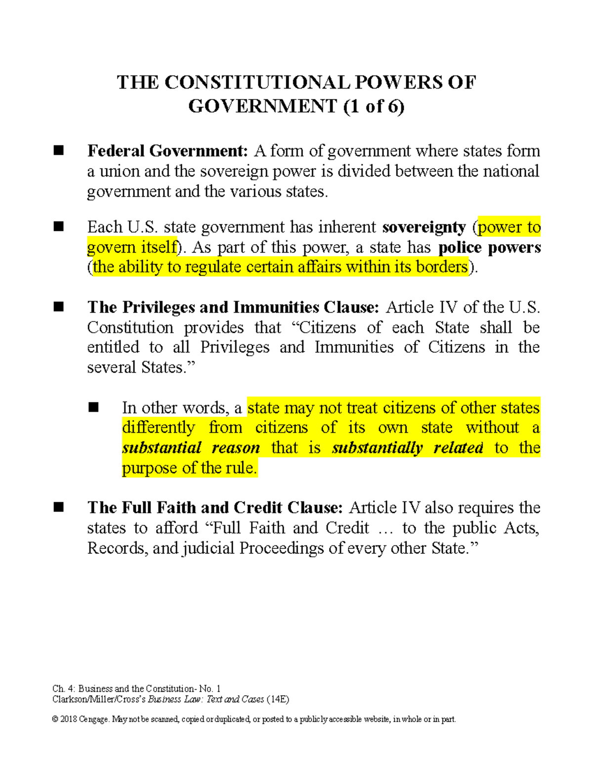 Clarkson 14e lecture ch04 - THE CONSTITUTIONAL POWERS OF GOVERNMENT (1 ...