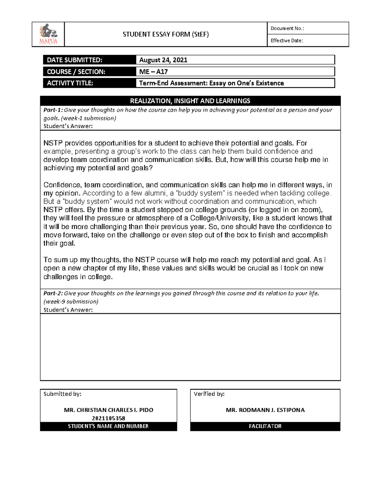 Nstp100-a17-deoe-pido cc - STUDENT ESSAY FORM (StEF) Document No ...