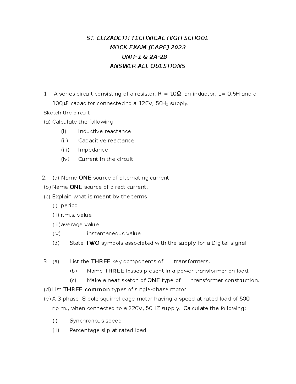 CAPE- SWAT EXAM-2023 - for high school CAPE - ST. ELIZABETH TECHNICAL ...