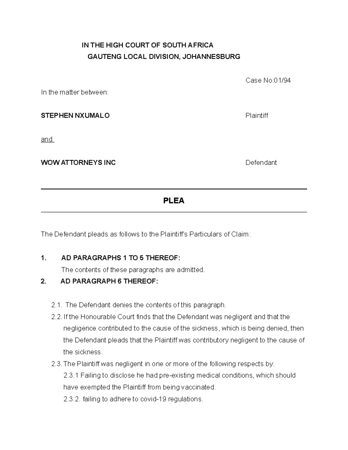 PLEA FOR Croxley Attorneys - IN THE HIGH COURT OF SOUTH AFRICA GAUTENG ...