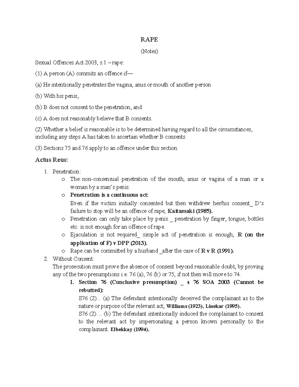 RAPE comp - Rape notes - RAPE (Notes) Sexual Offences Act 2003, s ...