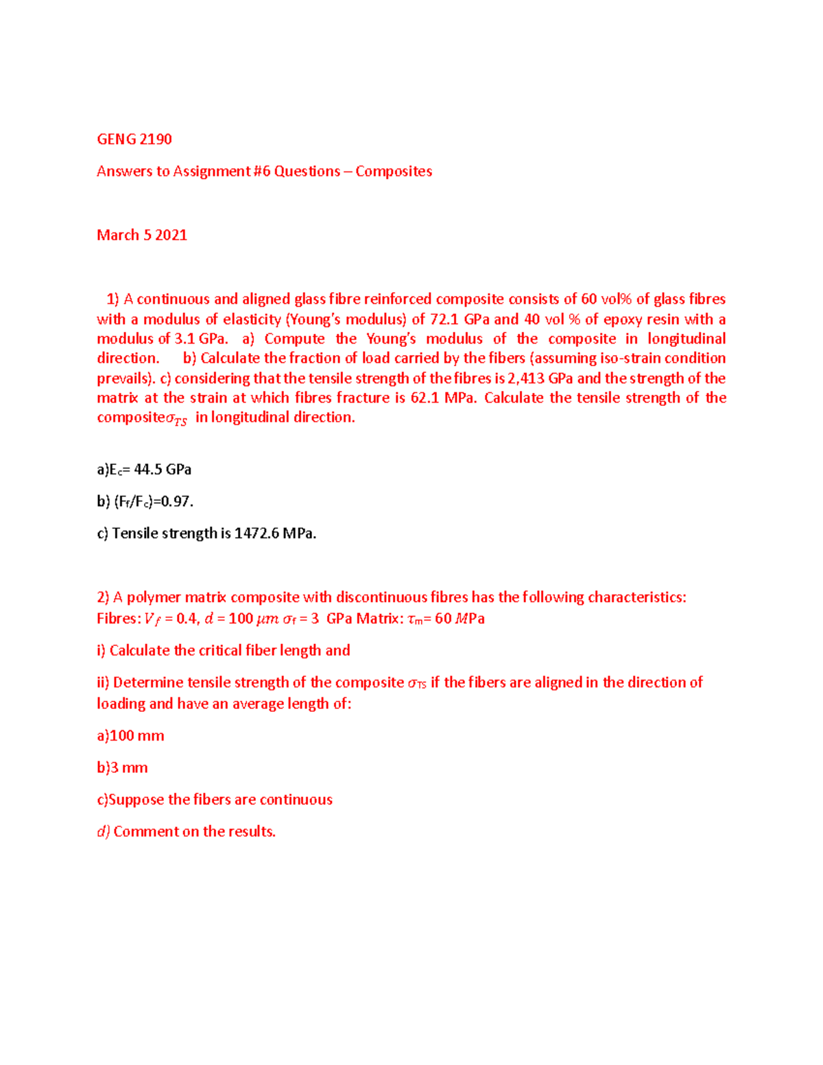 Assignment # 6 Composites Solutions - GENG 2190 Answers to Assignment ...