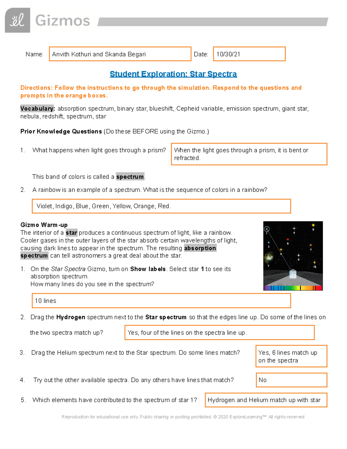 Copy Of Gizmos Star Spectra SE Google Docs Student Exploration