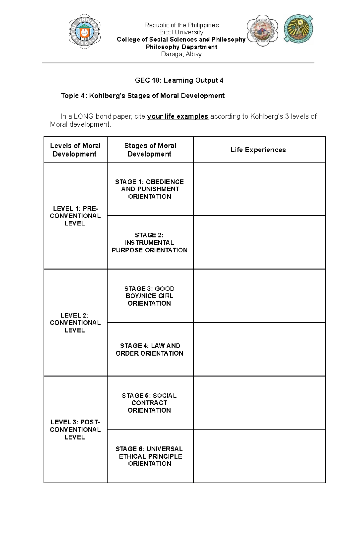 stages in ethics - GEC 18: Learning Output 4 Topic 4: Kohlberg’s Stages ...