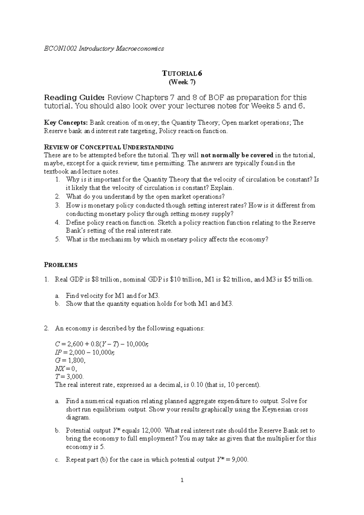 Tutorial 06 _Questions_.doc - ECON1002 Introductory Macroeconomics TUTORIAL 6 (Week 7) Reading ...