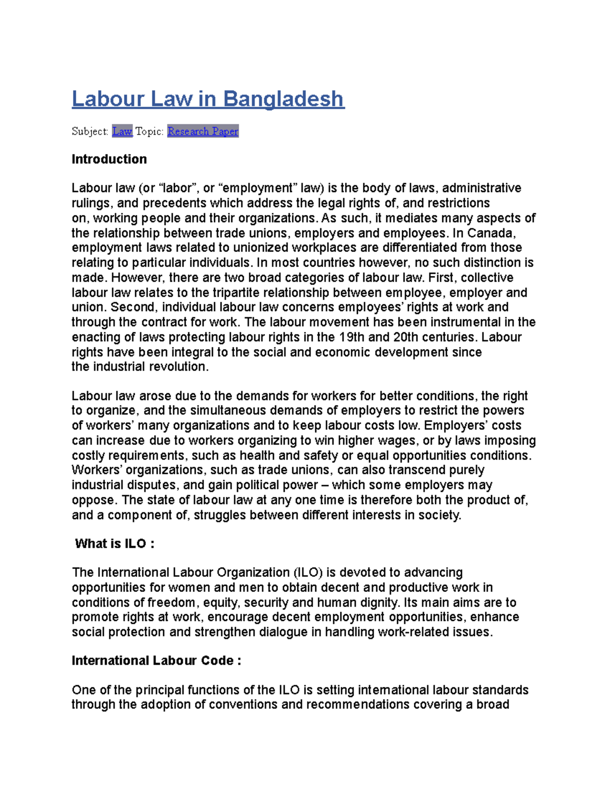 Labour Law In Bangladesh Labour Law In Bangladesh Subject Law Topic
