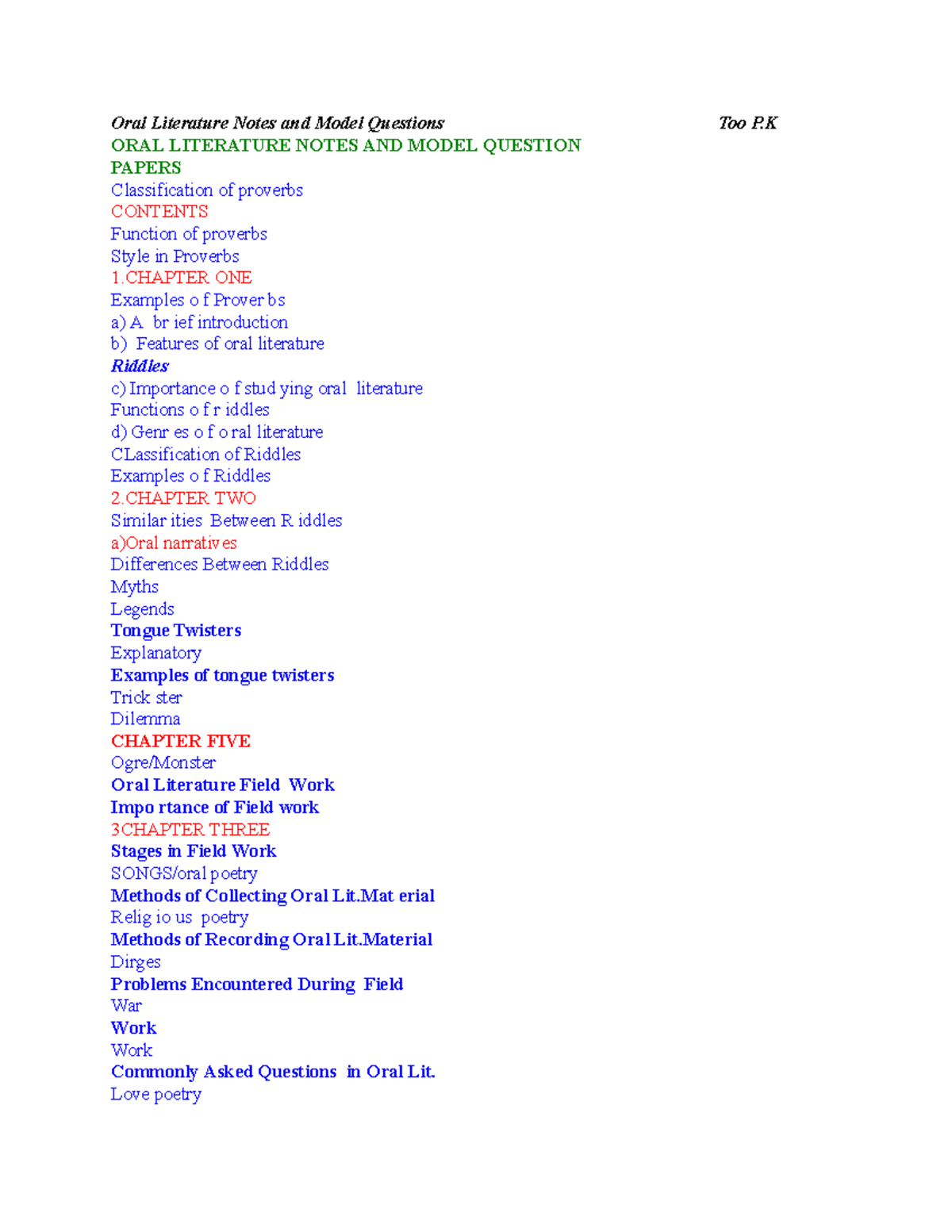 ORAL- Literature- Notes - Oral Literature Notes and Model Questions Too ...